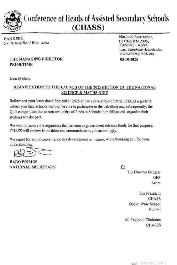 CHASS withdraws from 2025 NSMQ over funding - Ghana Eye Report
