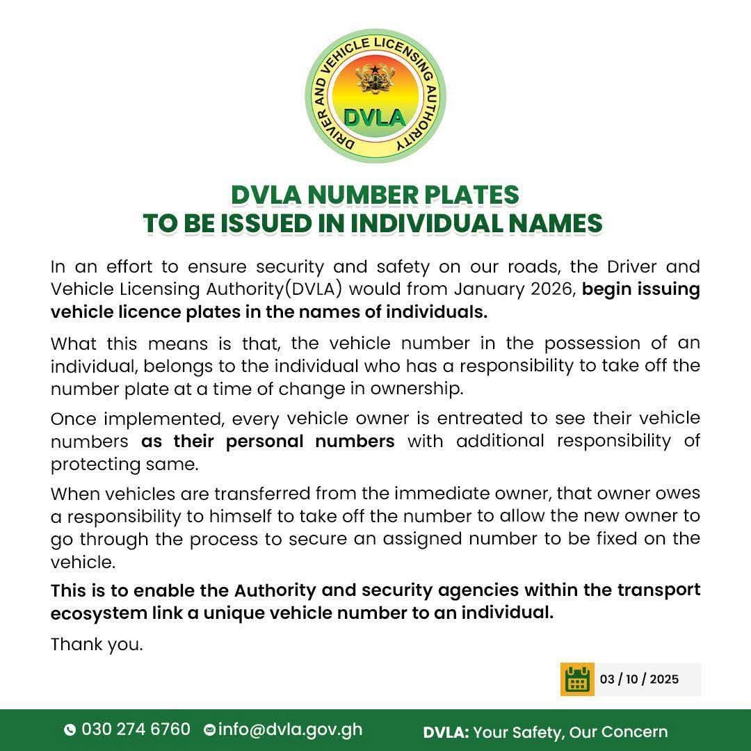 DVLA to issue individualized vehicle number plates in Jan. 2026 - Ghana ...